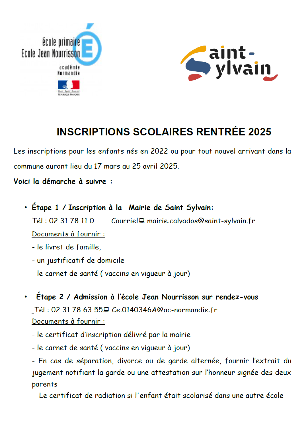 INSCRIPTIONS SCOLAIRES – RENTREE 2025 – Site officiel de la Commune de Saint-Sylvain – Calvados